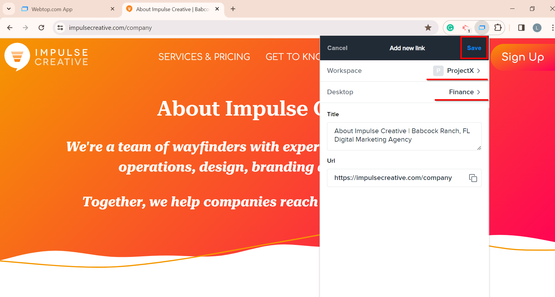 How to save a link directly from your browser to your workspace | Support | Webtop.com